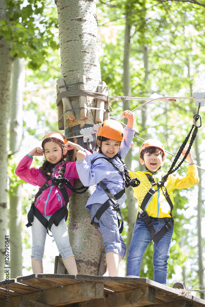 Happy children playing in tree top adventure park Stock Photo | Adobe Stock