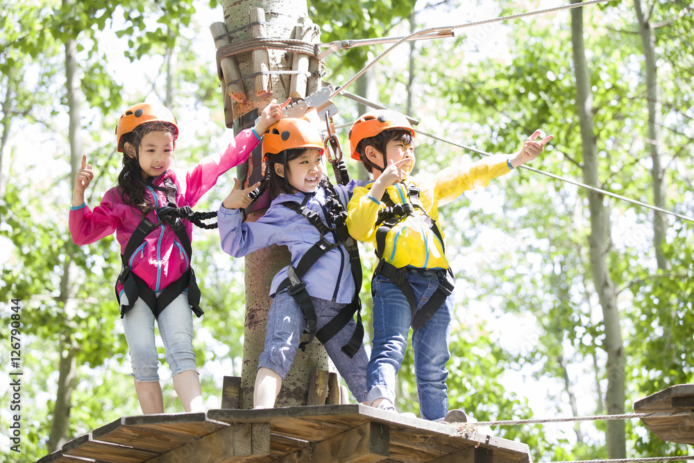 Happy children playing in tree top adventure park Stock Photo | Adobe Stock