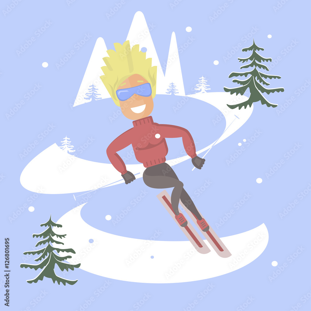 Comic concept flat design. People skiing. Skis isolated, skier and snow ...