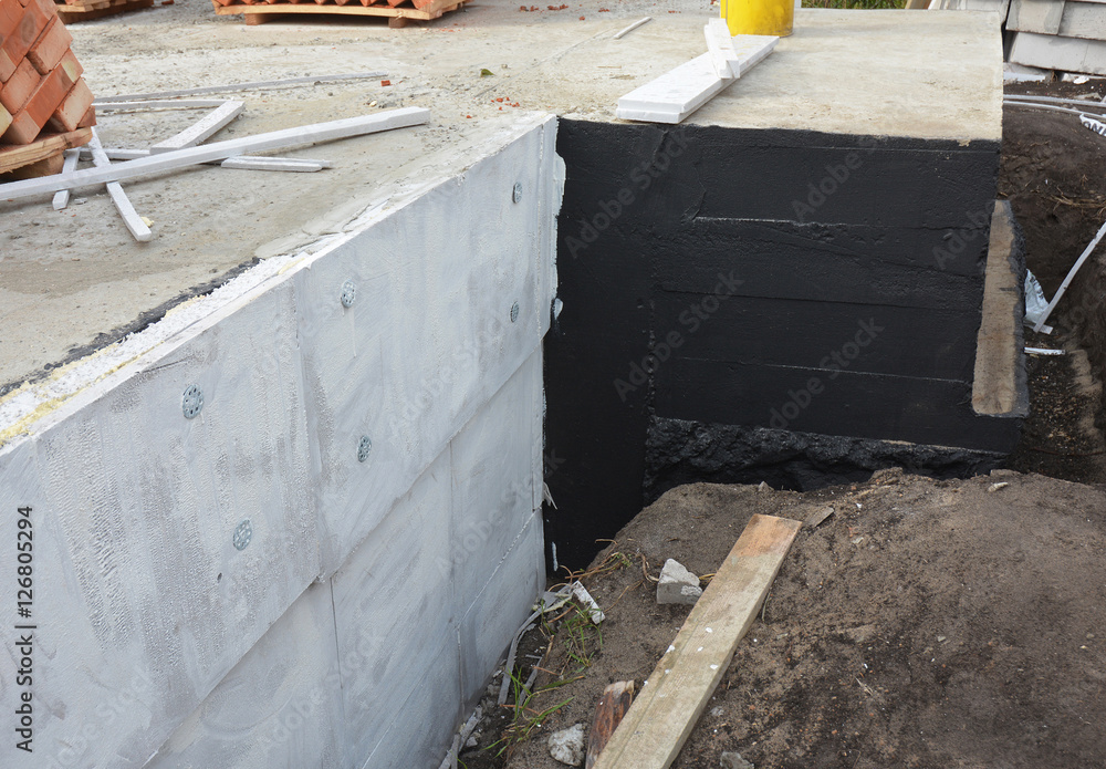 Waterproofing foundation bitumen and insulation with polystyrene foam ...