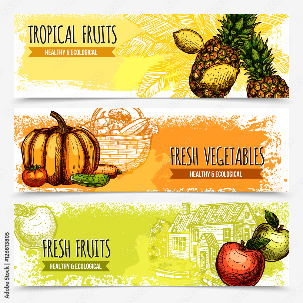 Vegetables And Fruits Horizontal Banners Stock Vector | Adobe Stock