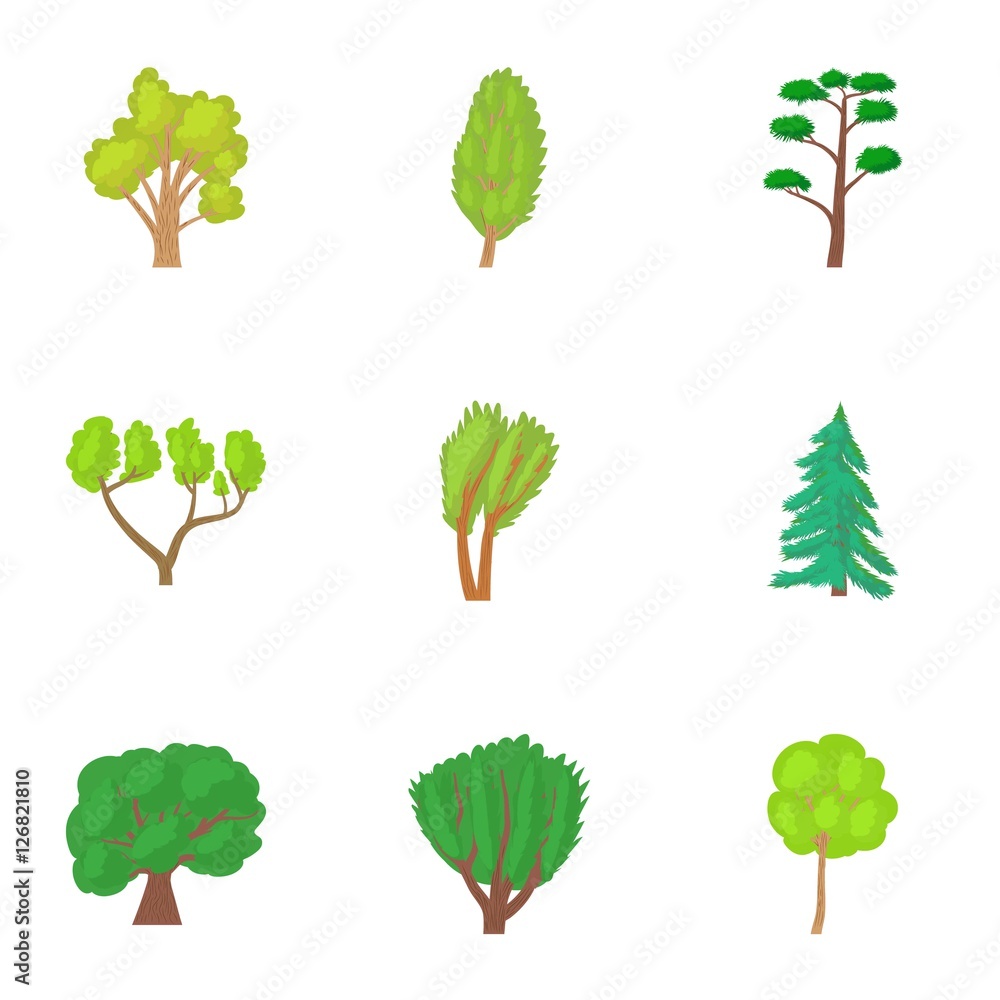 Varieties of trees icons set. Cartoon illustration of 9 varieties of ...