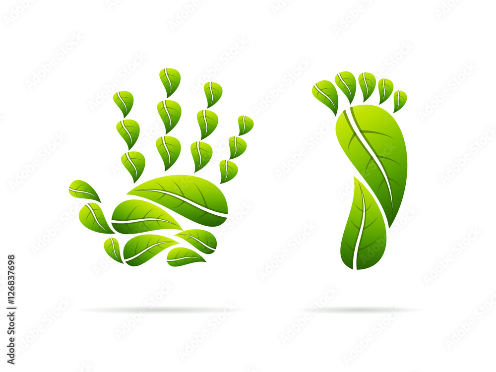 Ecological leaves concept icons. Hand and foot shaped. Vector ...