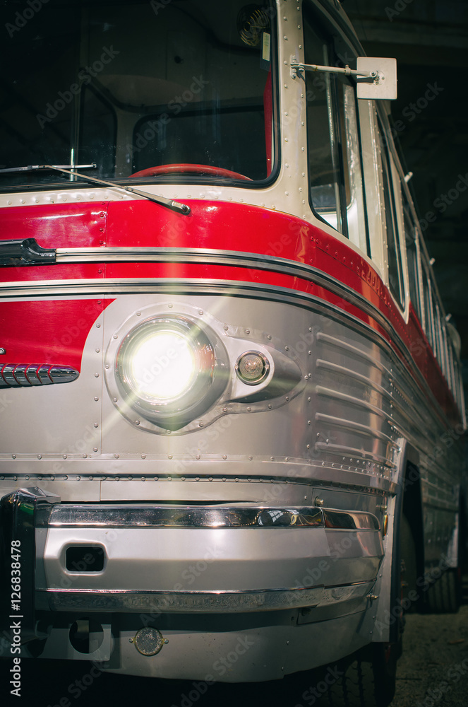 Part of red old retro bus. foto de Stock | Adobe Stock