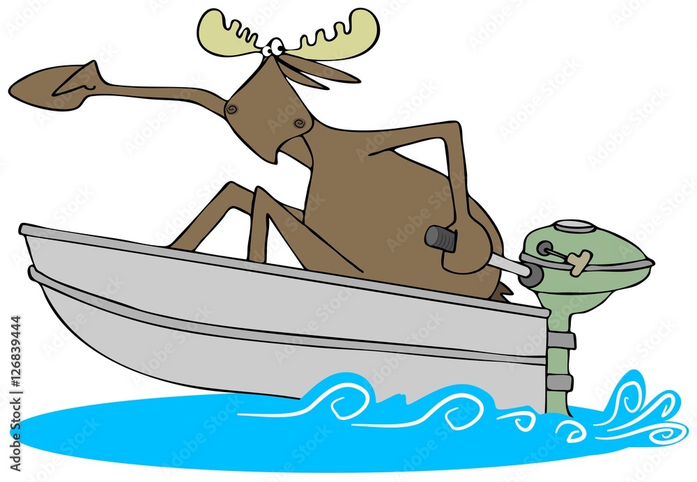 Illustration of a scared bull moose in a speeding motor boat. Stock ...