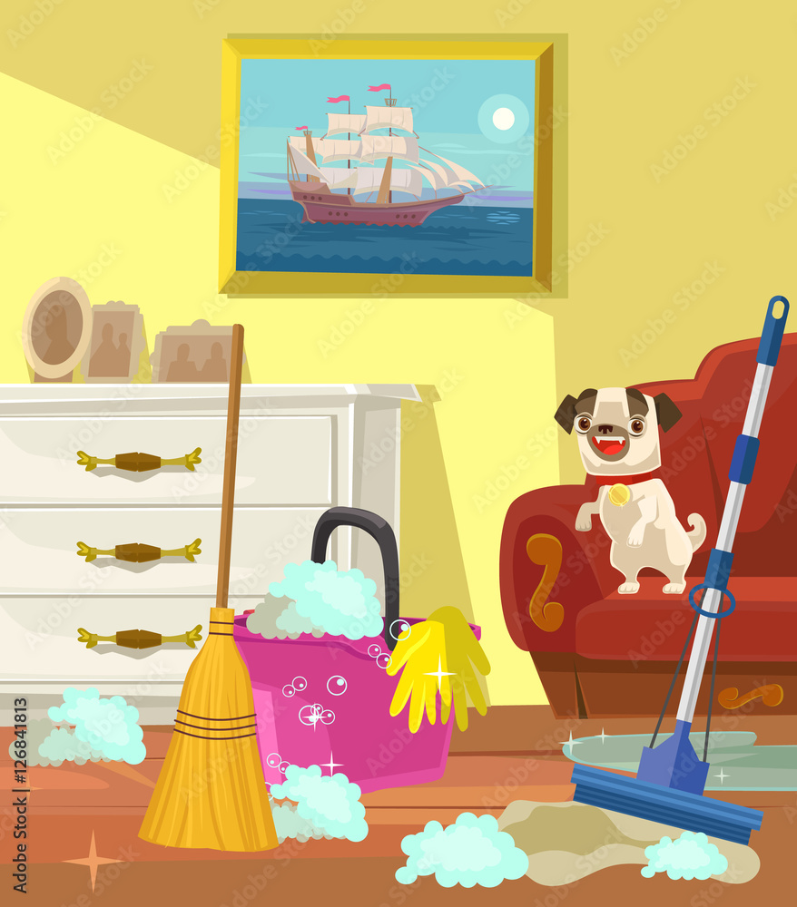 Cleaning banner. Living room. Vector flat cartoon illustration Stock ...