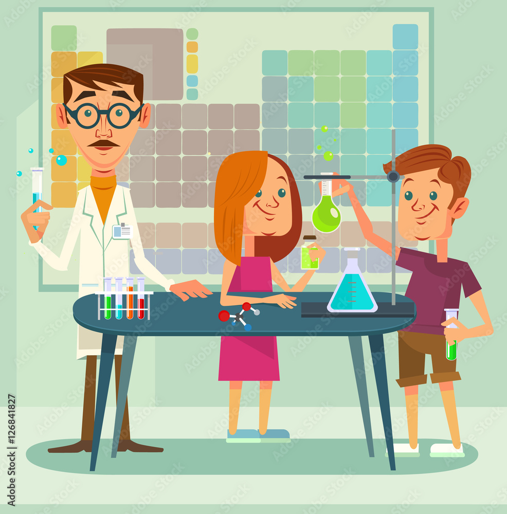 Chemistry lesson. Teacher and pupils characters. Vector flat cartoon ...