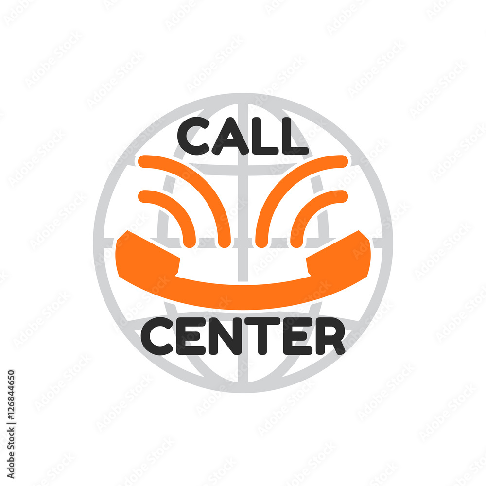 Logo call center in flat style, looks like smile. Orange old phone ...