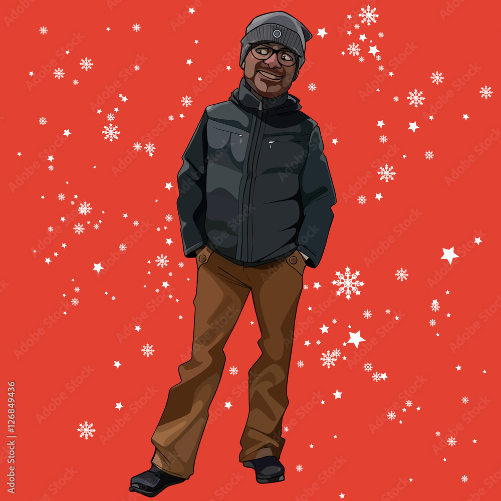 cartoon man in winter clothes on a red background with snowflakes Stock ...