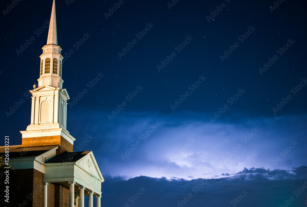 Sheet Lightning in Blue Night Sky with Church Building in Foreground ...
