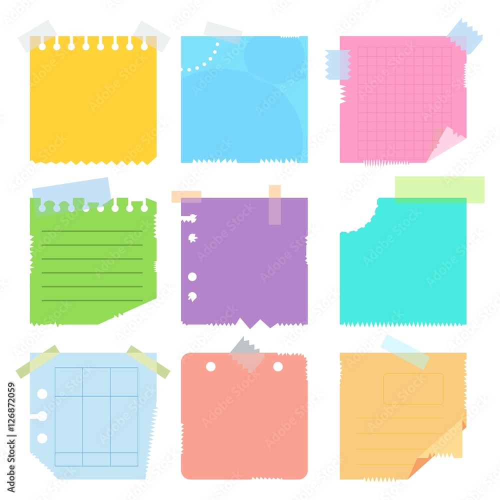 Collection of various crumpled note papers with curled corner and ...