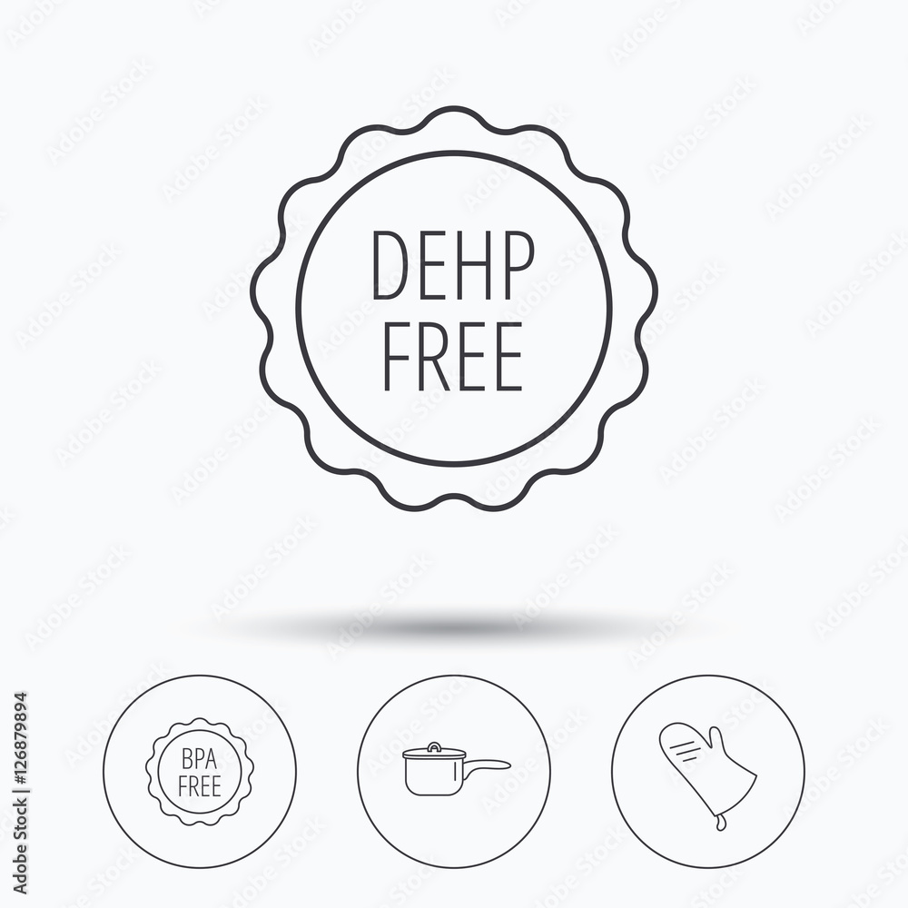Saucepan, potholder and BPA free icons. DEHP free linear sign. Linear ...
