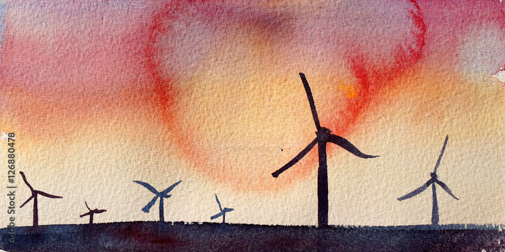 watercolor landscape of wind turbines and colorful sky Stock ...