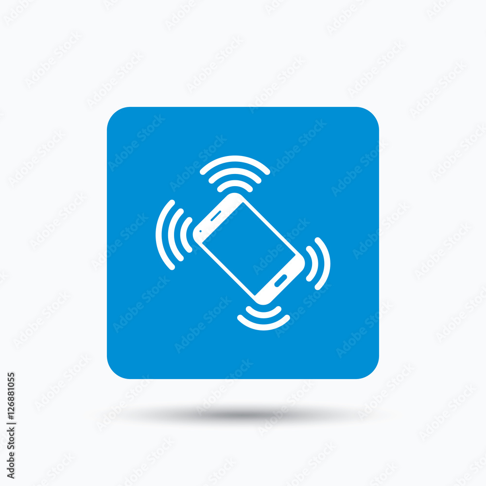 Smartphone call icon. Mobile phone communication symbol. Blue square ...
