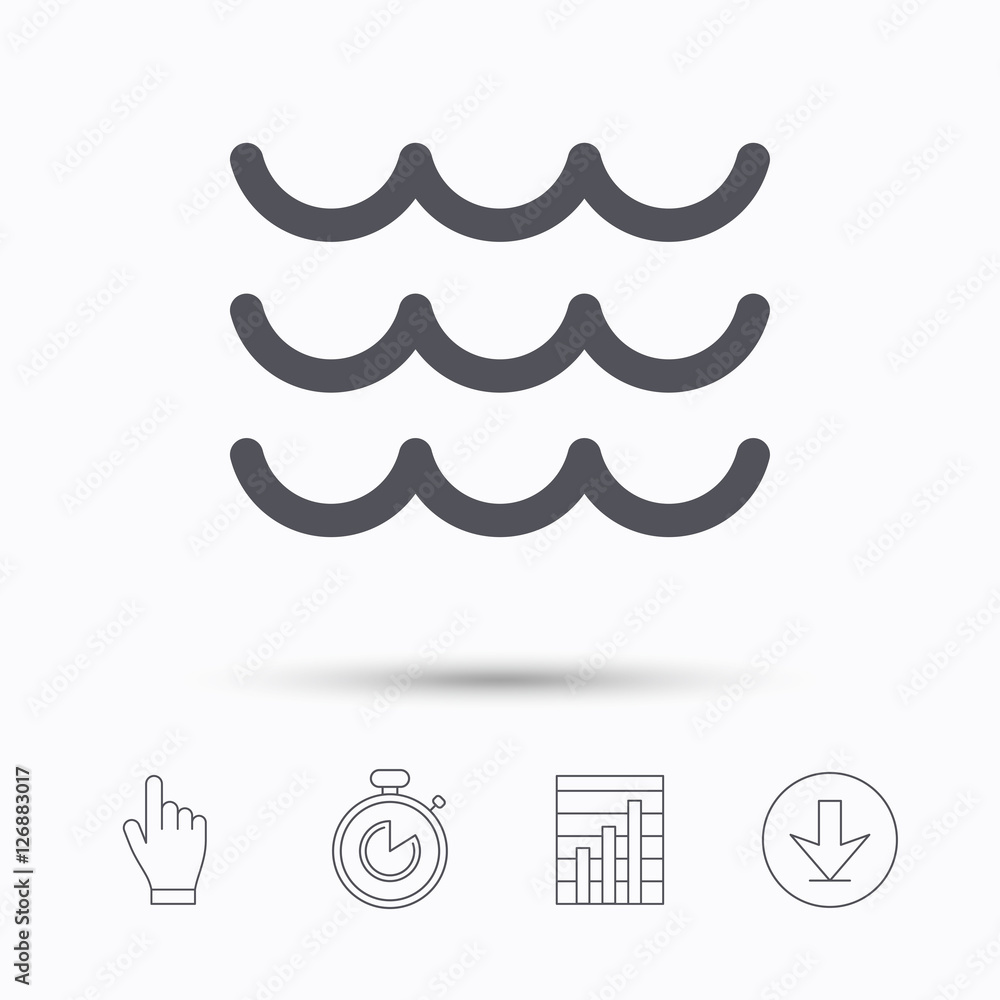 Wave icon. Water stream symbol. Stopwatch timer. Hand click, report ...