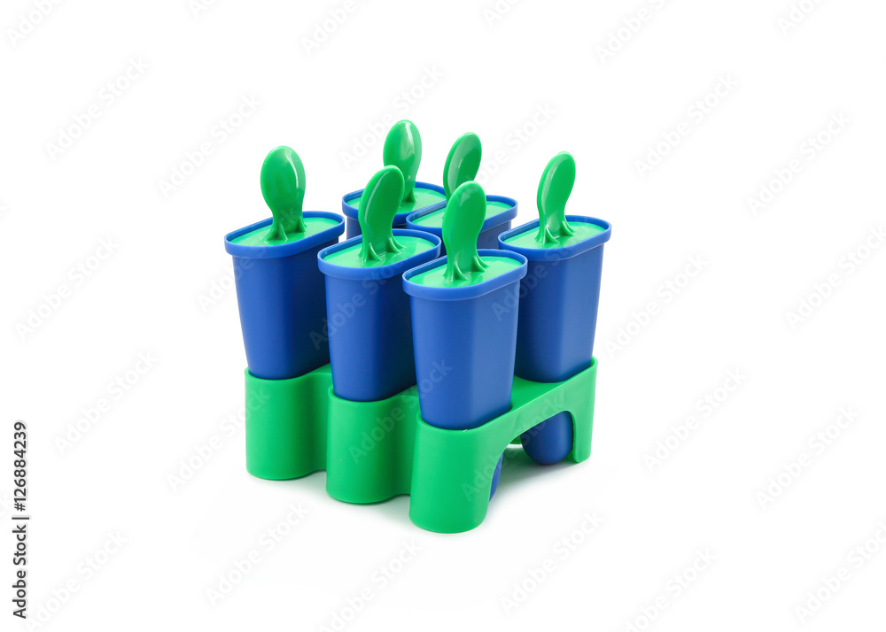 Popsicles ,plastic container to made ice cream on white backgrou Stock ...