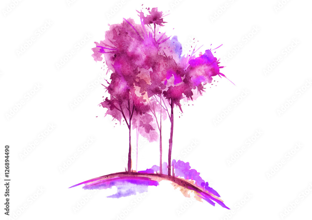 Watercolor pink tree isolated on white background. Vintage drawing ...