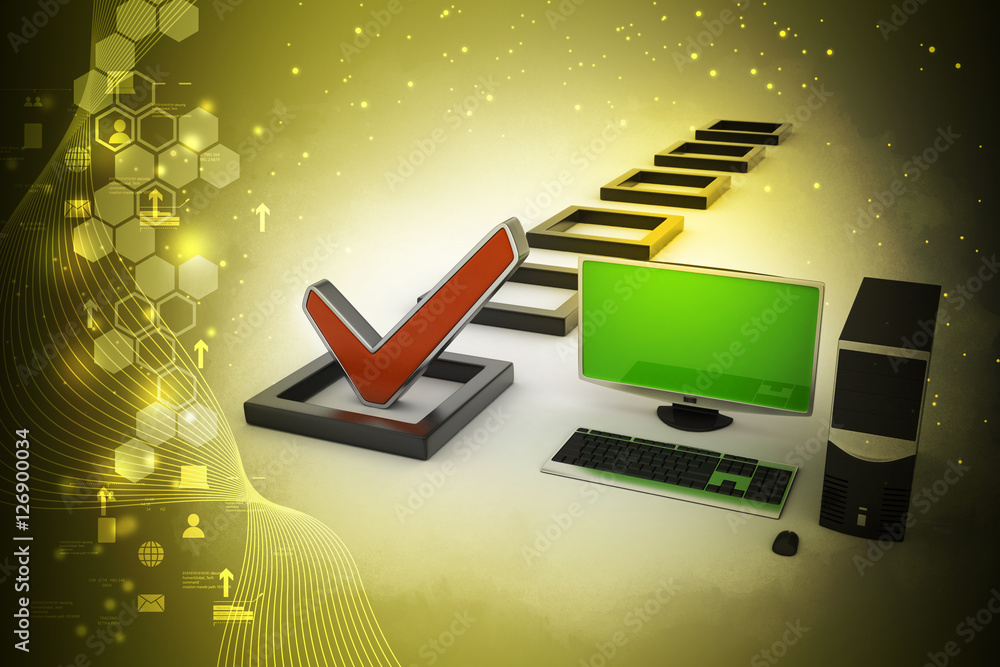 Personal computer with check mark and column in color background Stock ...