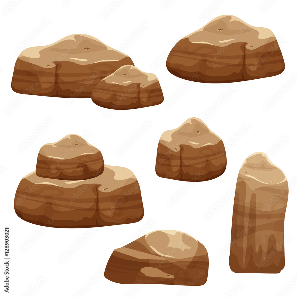 Cartoon brown stones set, different shape rock collection, vector ...