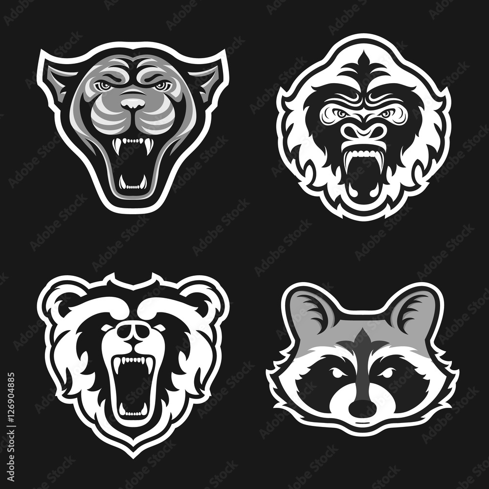 Set of logos for sport team. Panthers, Gorillas, Bears, Raccoons ...