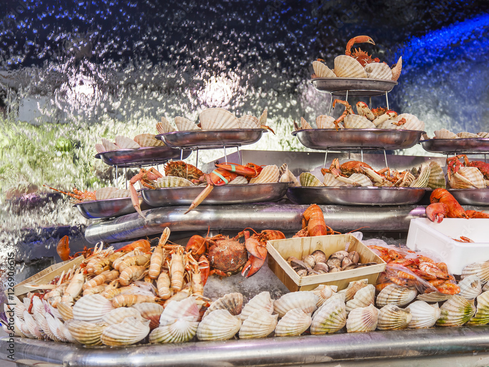 PARIS, FRANCE, on JULY 10, 2016. Various seafood on a street show ...