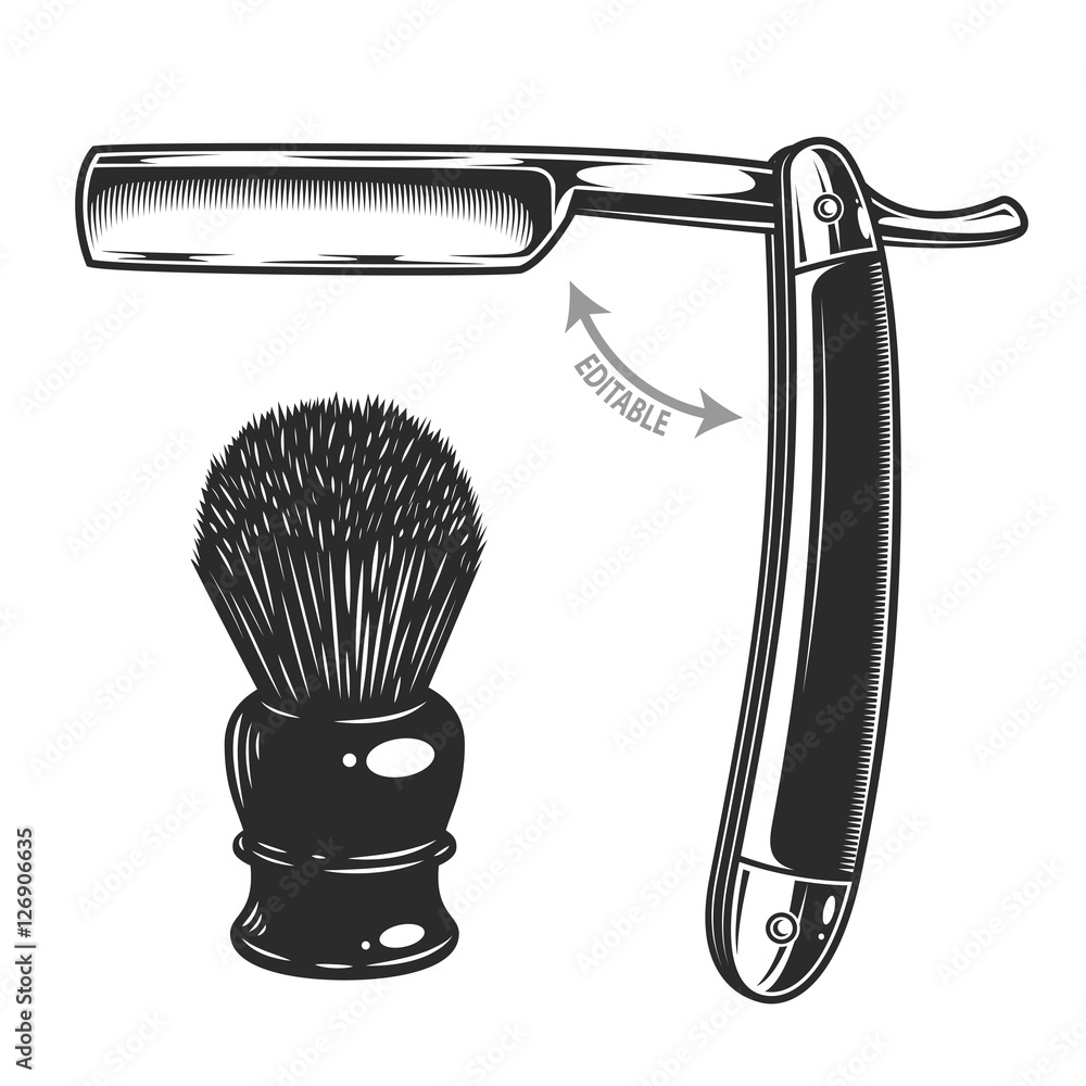 Monochrome illustration of straight razor and shaving brush. Isolated ...