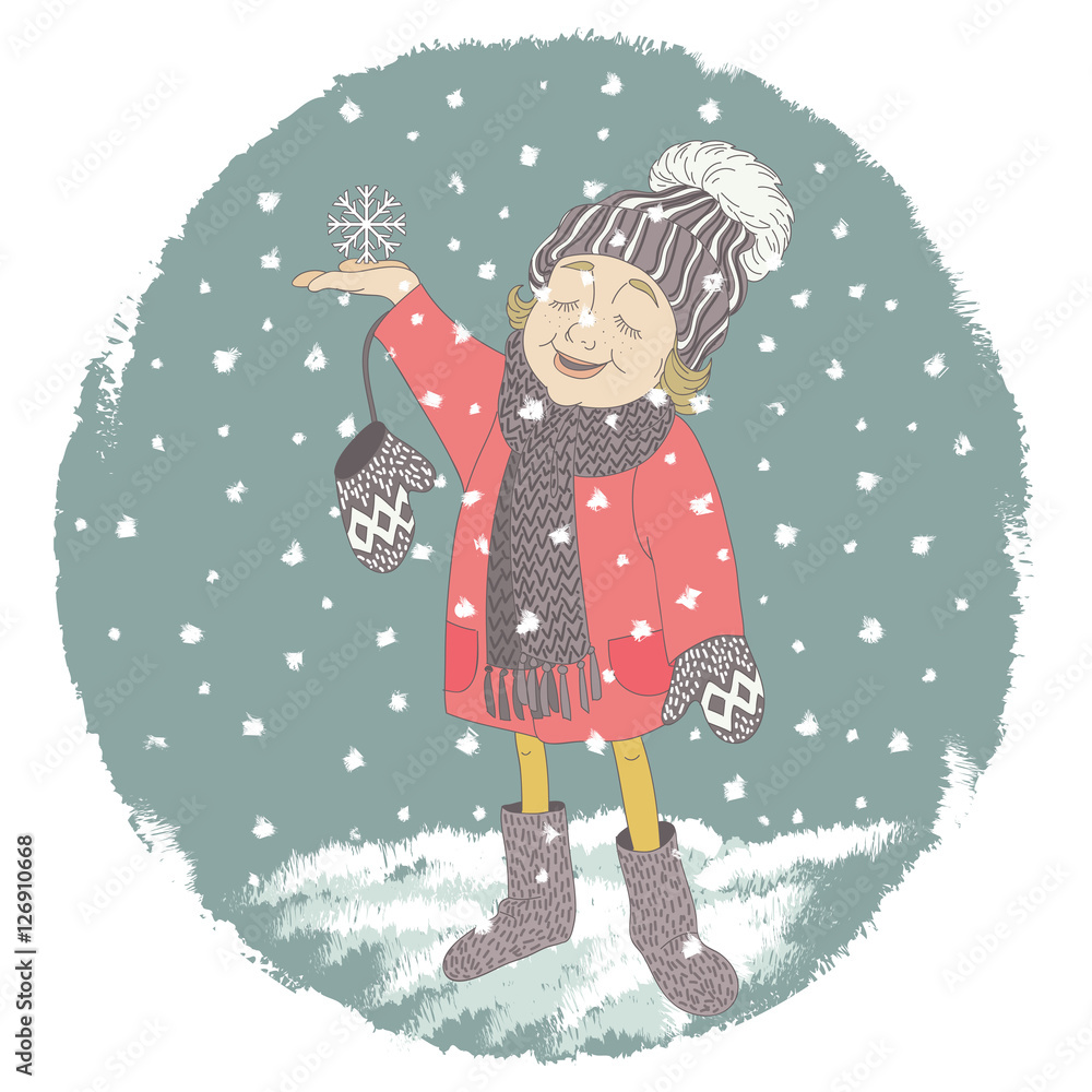 Cartoon little girl child is the first character catches snowflakes ...