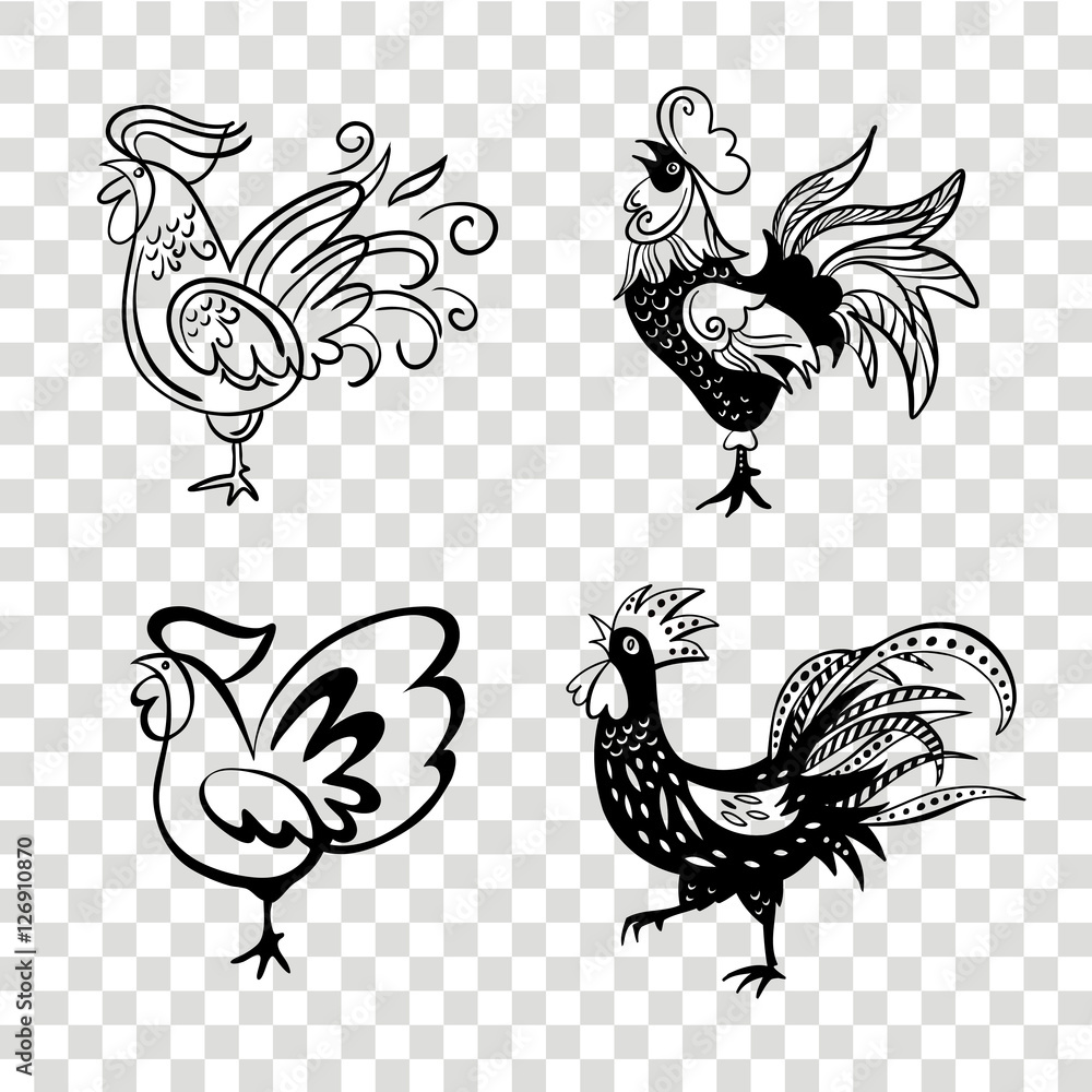 Roosters In Different Poses Vector Silhouettes Roosters Stock Vector