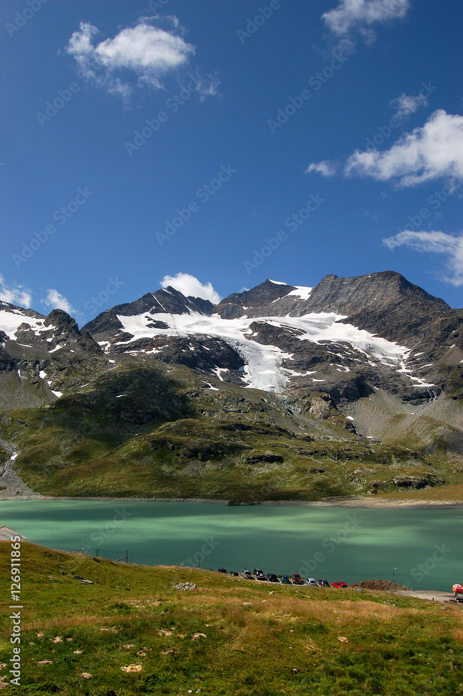 Bernina Alps with the glacier and the White lake, pass of Bernina ...