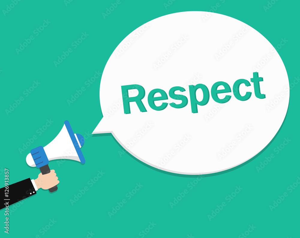 Hand holding megaphone with Respect. Speech for advertising, warning ...