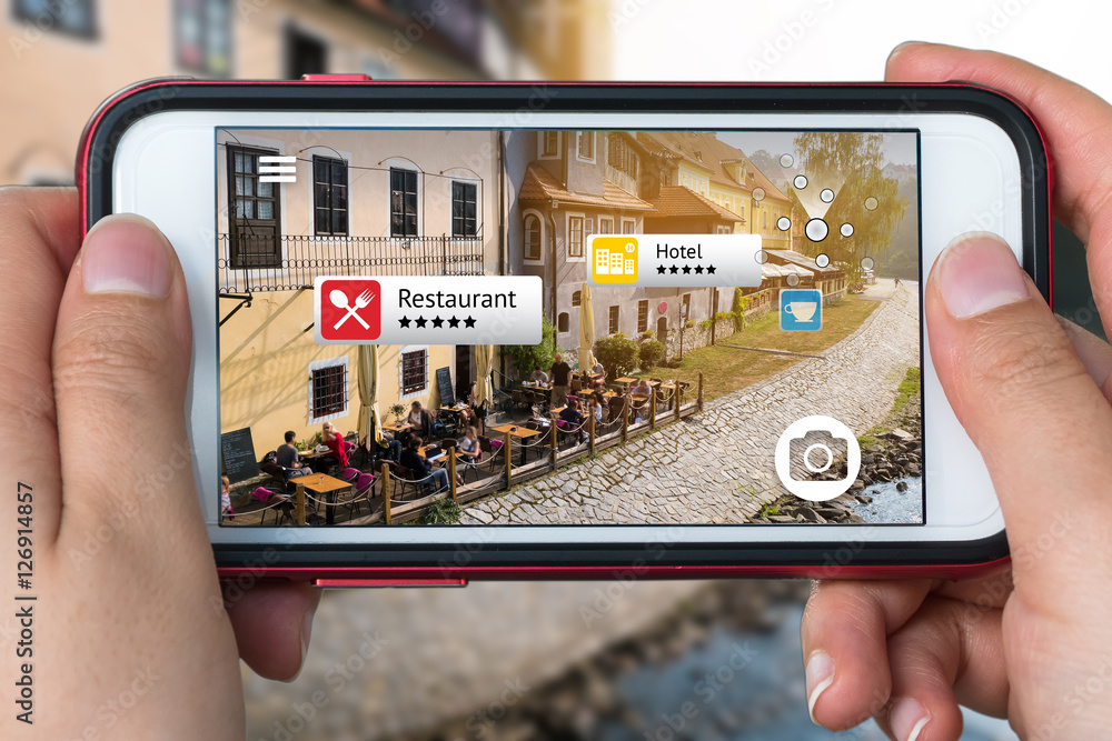 Augmented reality marketing concept. Hand holding smart phone use AR ...
