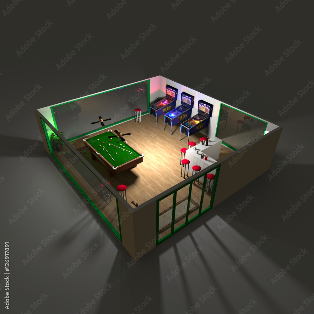 3d interior rendering of furnished recreation room Stock Illustration ...