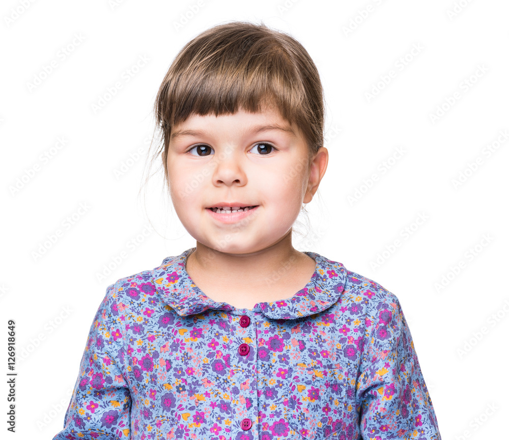 Emotional portrait of a 3 years old girl, smiling. Cute caucasian baby ...