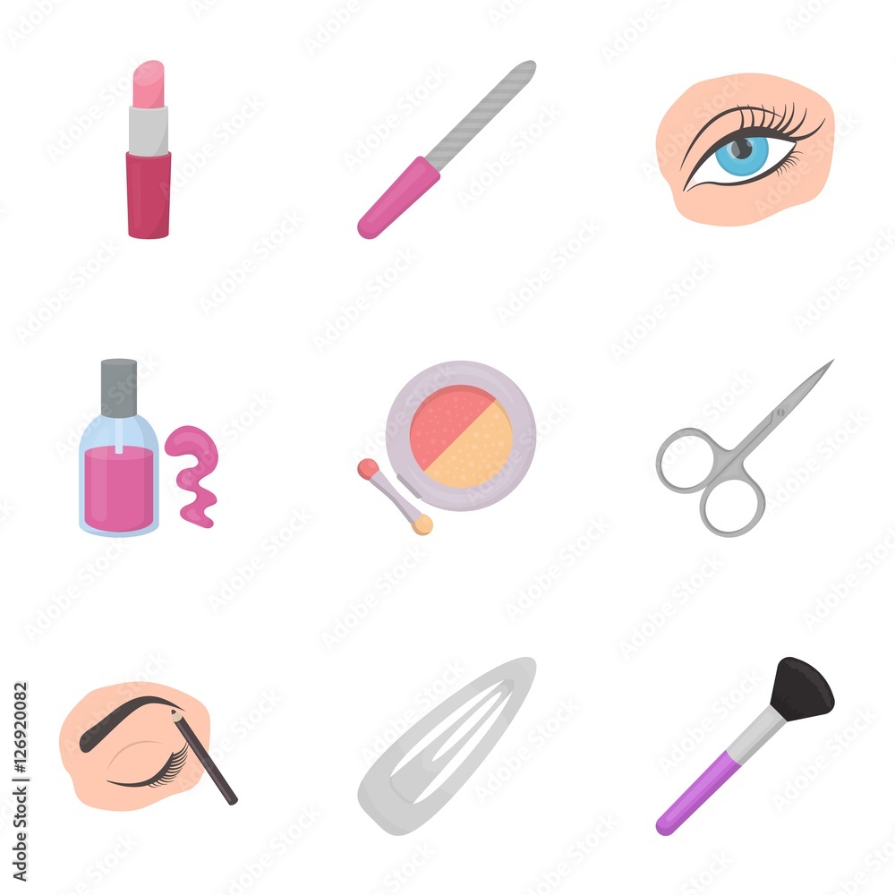 Make up set icons in cartoon style. Big collection of make up vector ...