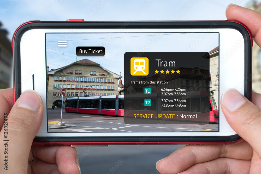 Augmented reality marketing concept. Hand holding smart phone use AR ...