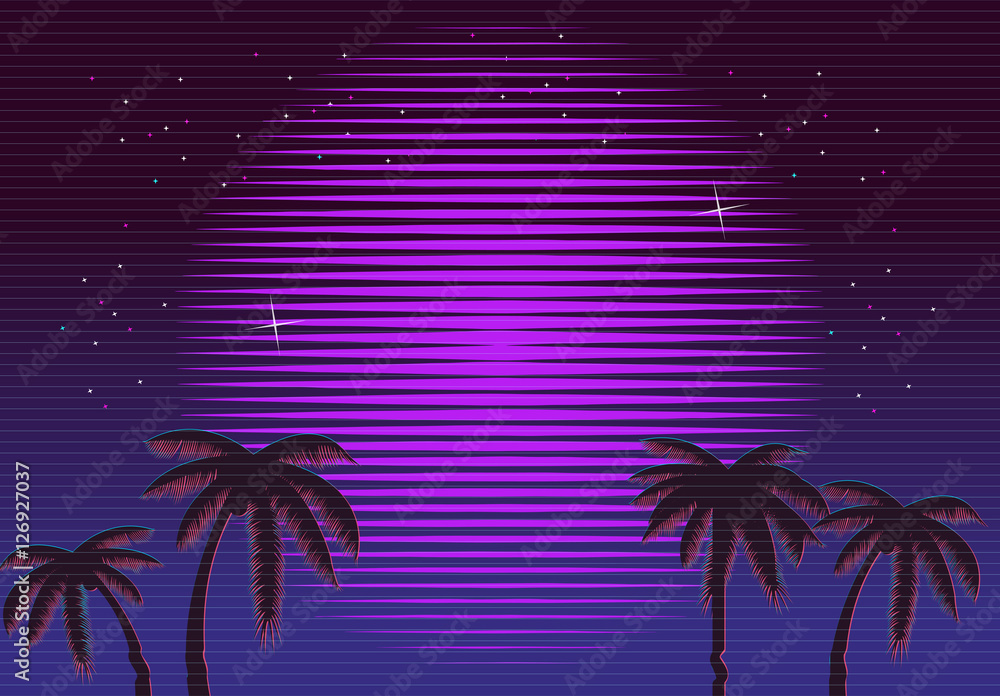 80s Retro Neon gradient background. Palms and sun. Tv glitch effect ...