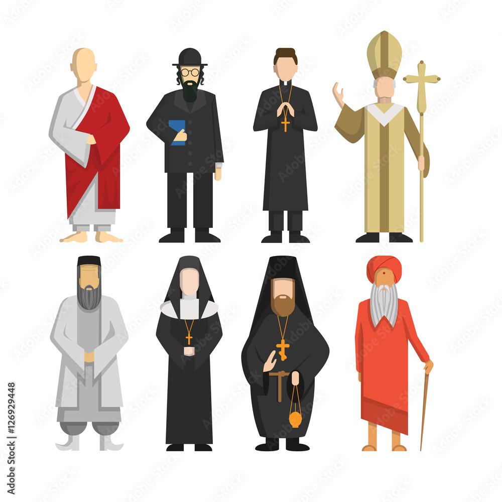 Religion representatives set. Pope and priest, rabbi and monk and ...