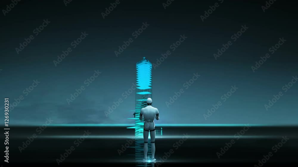 Robot cyborg front of construction building city skyline and make city ...