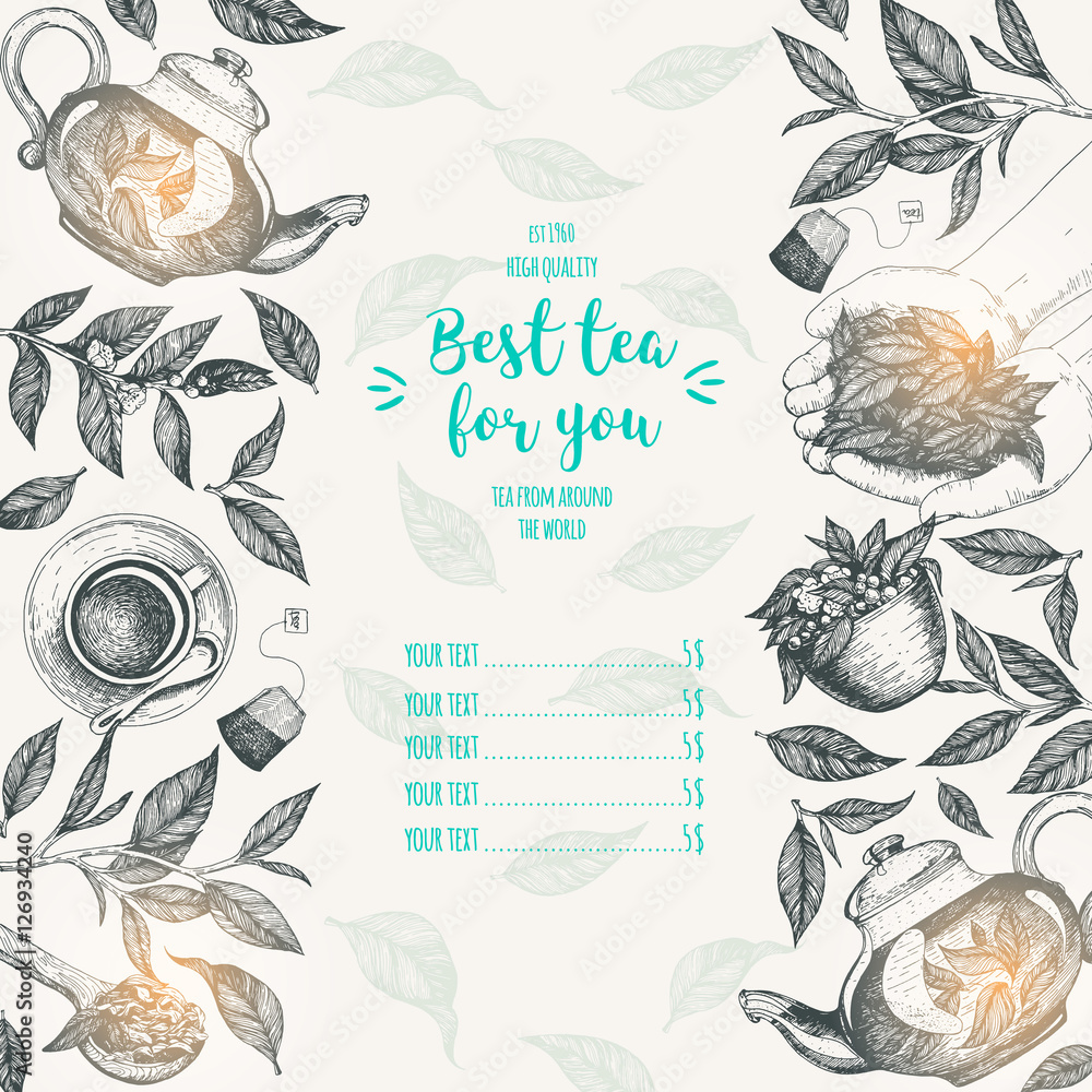 Tea shop frame vector illustration. Vector card design with tea. Tea ...