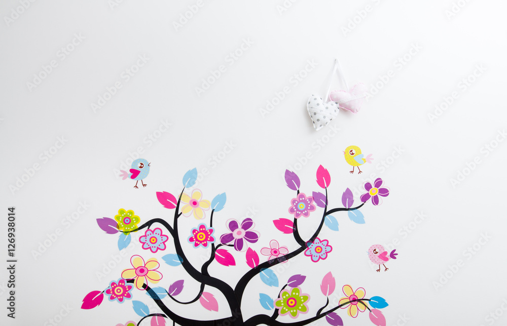 Handmade posters stuck tree with birds on the wall in children's room ...