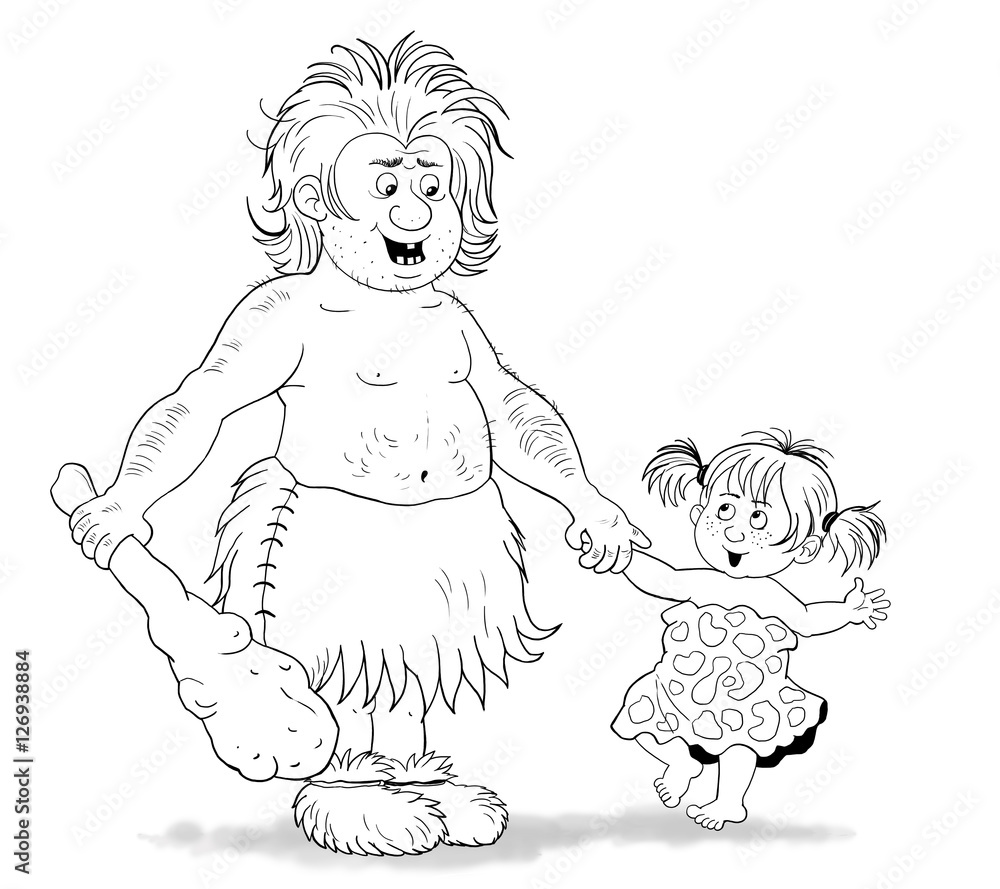 Cave people. Cave family. A caveman with his cute baby daughter ...