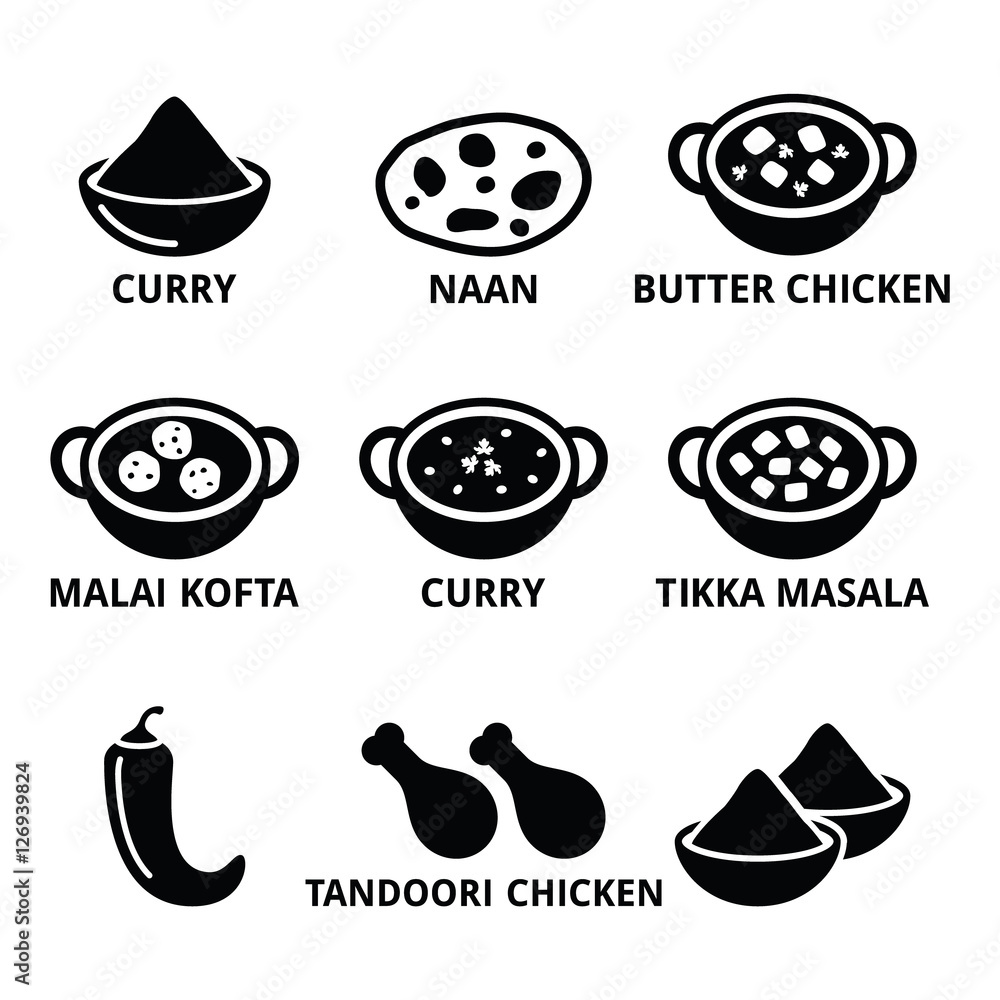 Indian food and dishes - curry, naan bread, butter chicken icons Stock ...