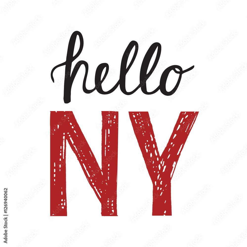 Vintage poster with quote Hello New York, hand drawn lettering design ...