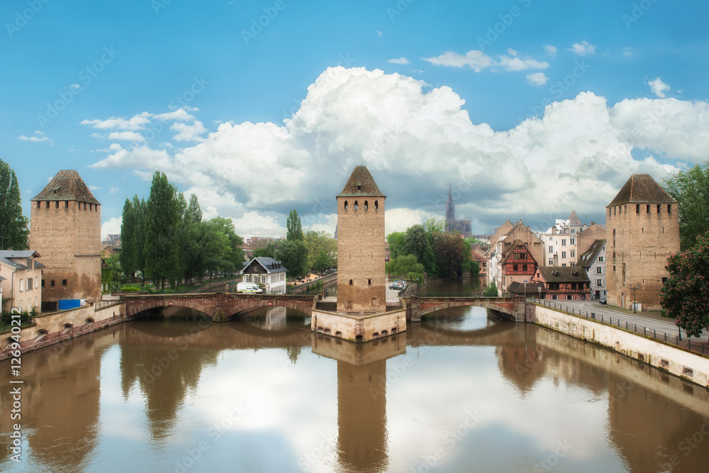 Strasbourg medieval bridge Ponts Couverts and cathedral, France. Stock ...