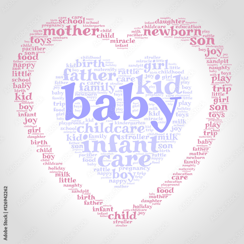 Baby. Word cloud, one heart inside another heart, gradient grey ...
