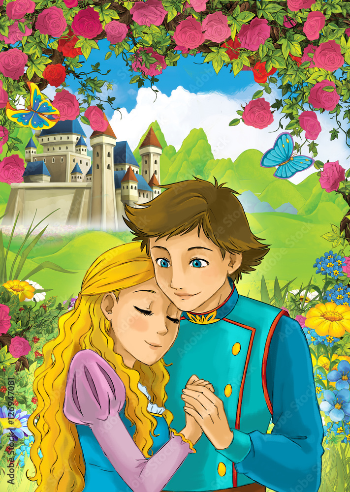 Cartoon scene of loving couple - prince and princess - castle in the ...