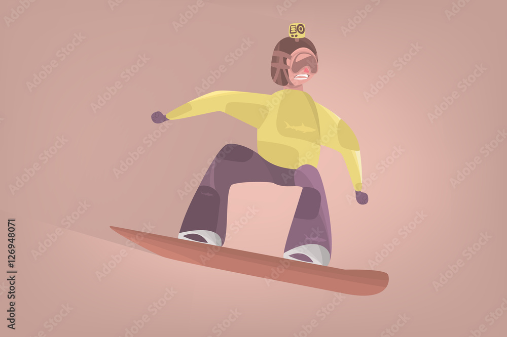 Comic boy on snowboard. Vector cartoon isolated character. Snowboarder ...