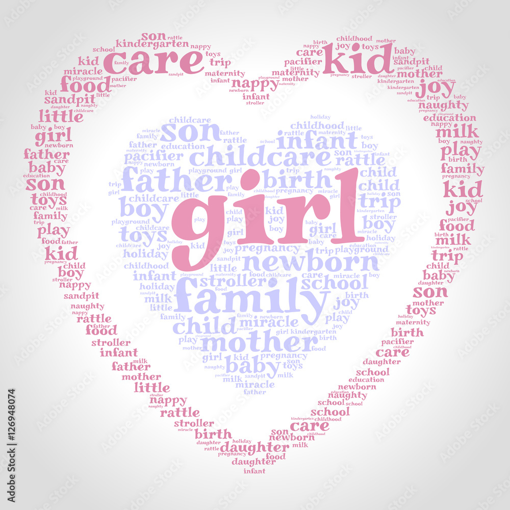 Girl. Word cloud, one heart inside another heart, gradient grey ...