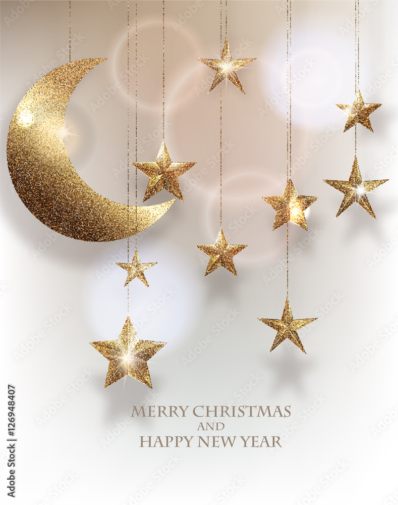 Christmas background with hanging textured sparkling gold stars and ...