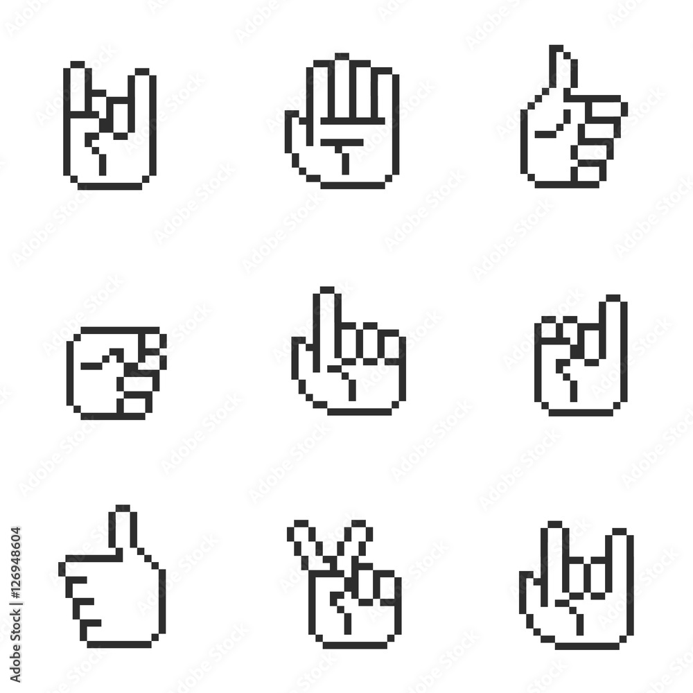 Pixel art 8 bit hands icons and gestures signs set Stock Vector | Adobe ...
